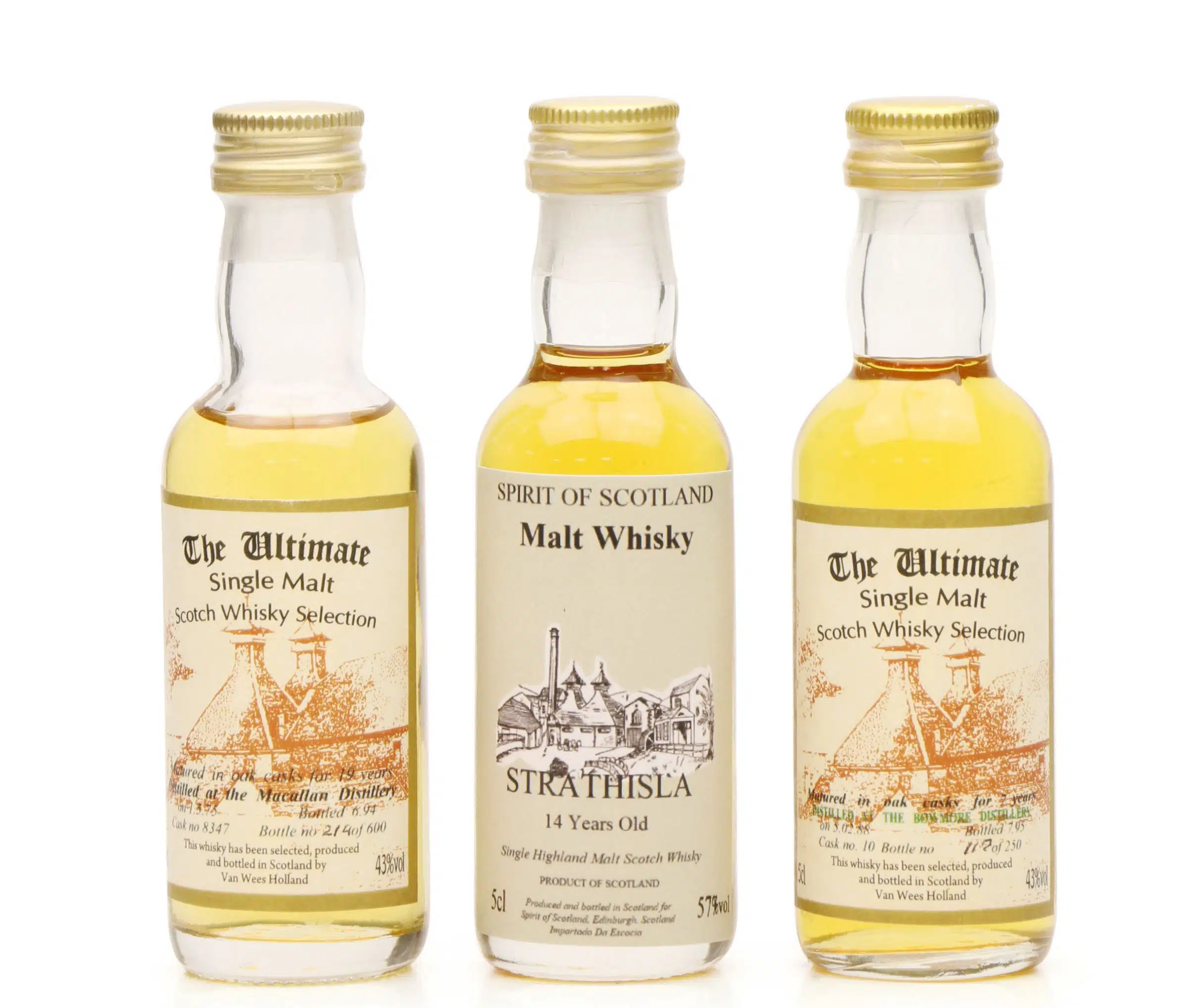 3 Single Malt Scotch Whisky Miniatures including Macallan 19 Years Old ...